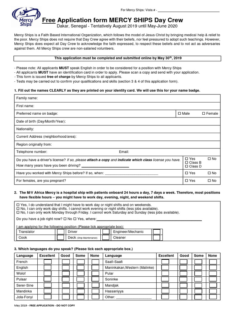 Application Form Mercy Ships | PDF | Driver's License | Identity Document