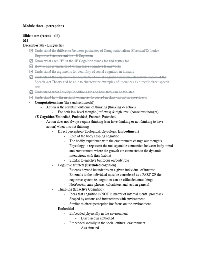 Understanding 4E Cognition and Speech Acts | PDF | Thought | Perception