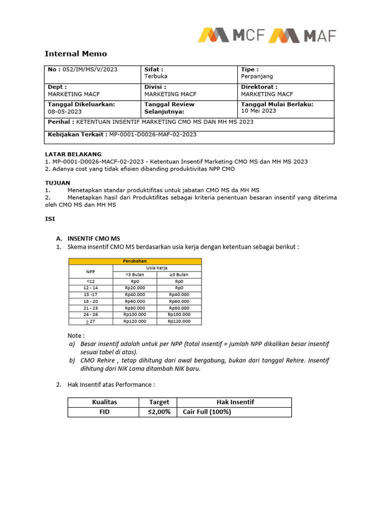 IM Ketentuan Insentif Marketing CMO MS Dan MH MS 2023 | PDF
