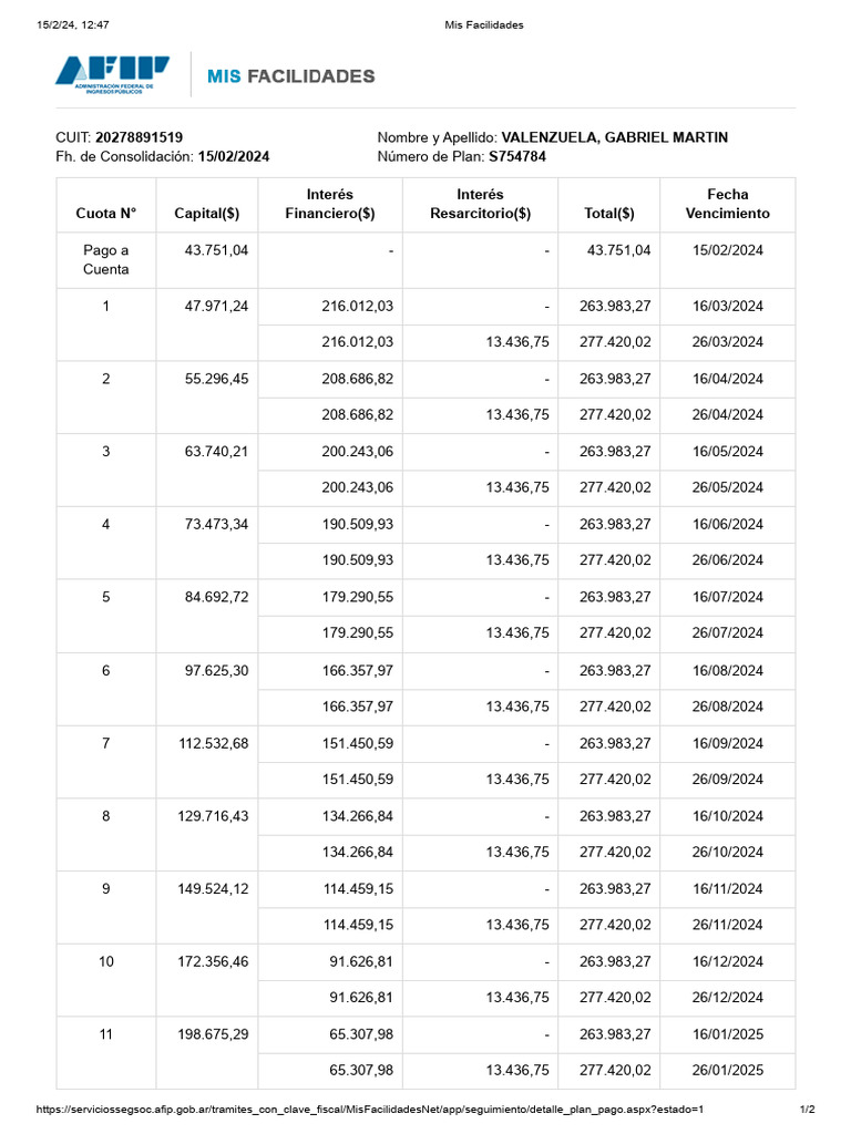 Plan de Pago AFIP de Valenzuela | PDF