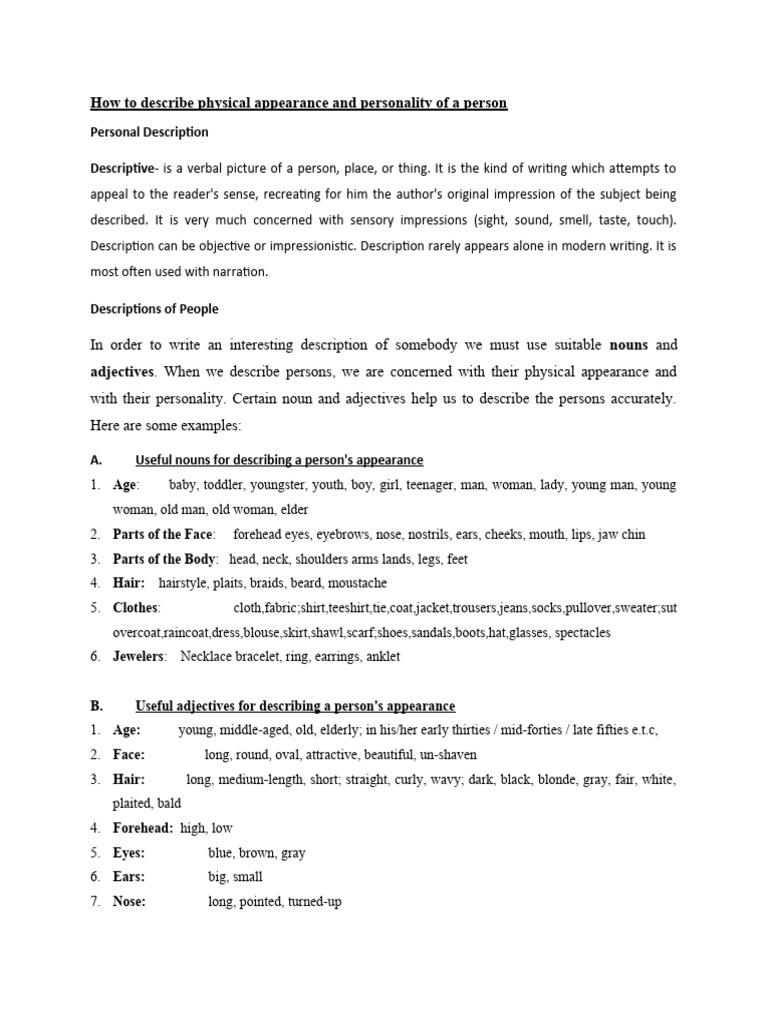 How To Describe Physical Appearance and Personality of A Person | PDF ...