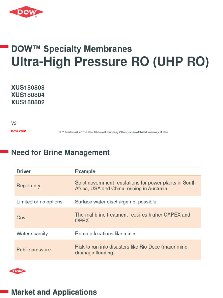 Dow Specialty Membranes Ultra High Pressure | PDF | Membrane ...