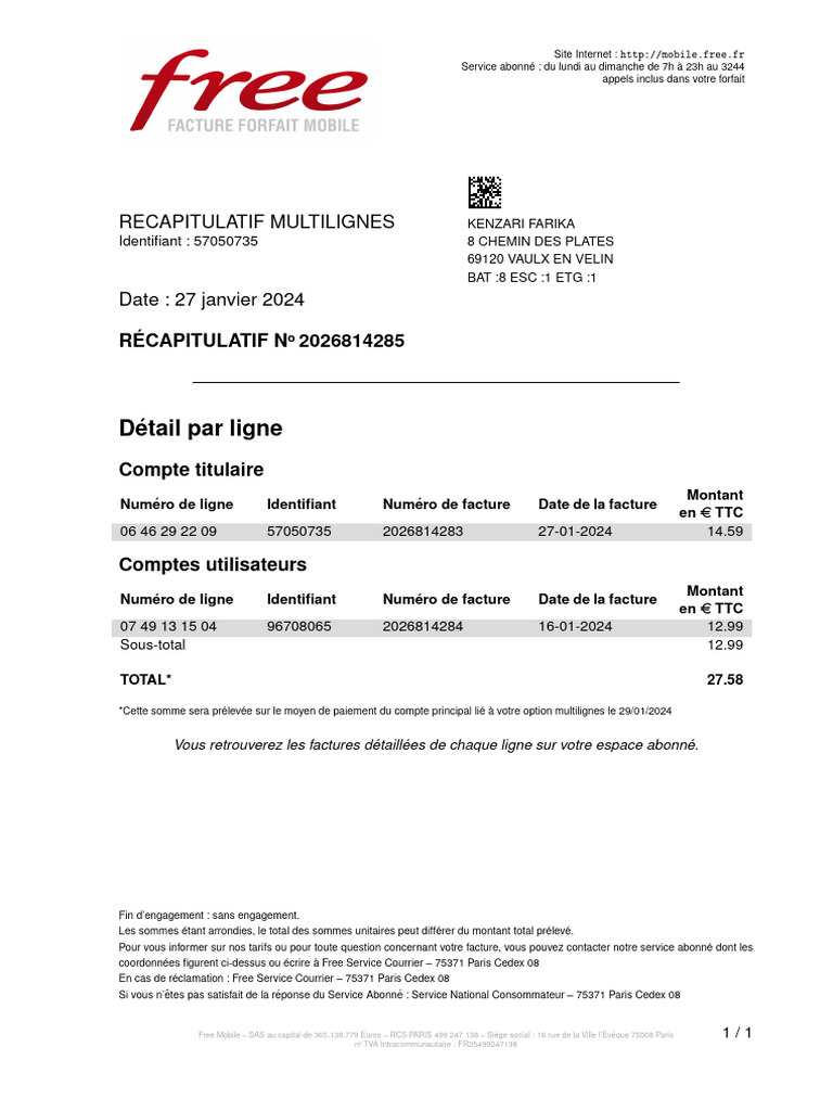 Récapitulatif de Facture Free Mobile | PDF | Taxe sur la valeur ajoutée ...