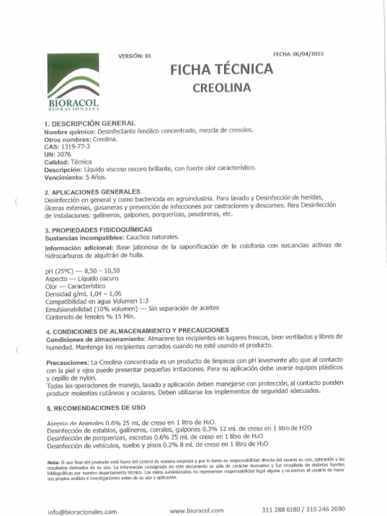 Ficha Tecnica Creolina | PDF