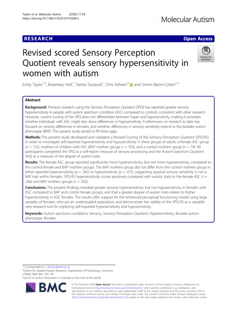 Taylor 2020 Revised Scored Sensory Perception, Sensory Hypersensitivity ...