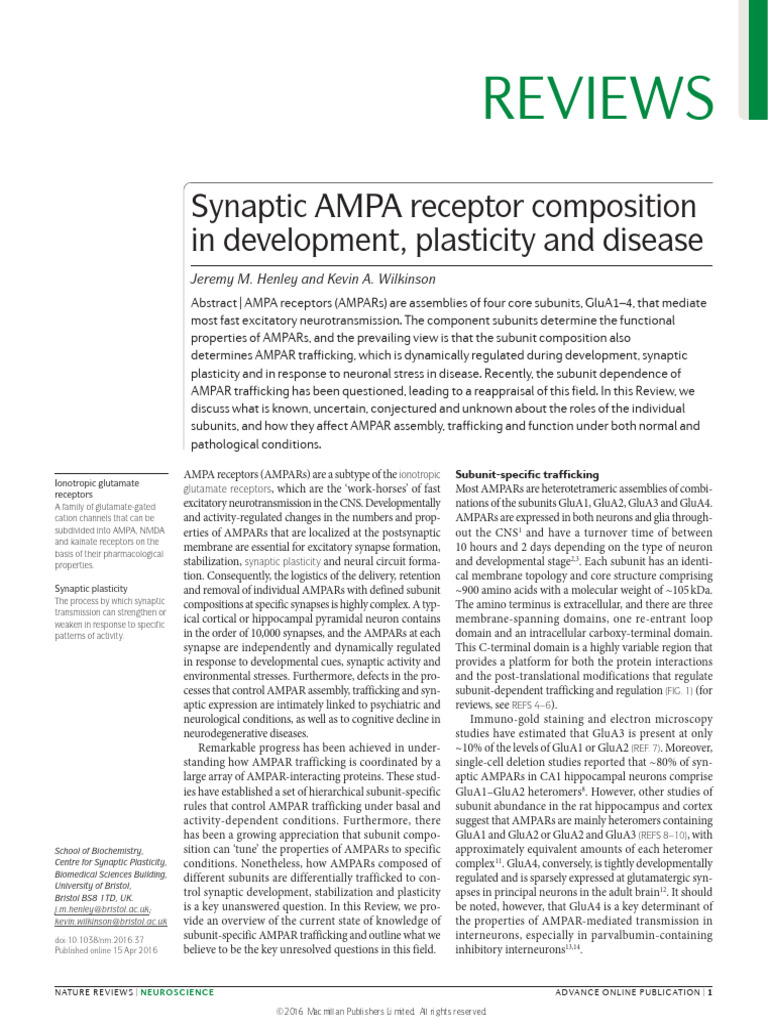 Henley 2016 Synaptic AMPA Receptor Composition in Development ...