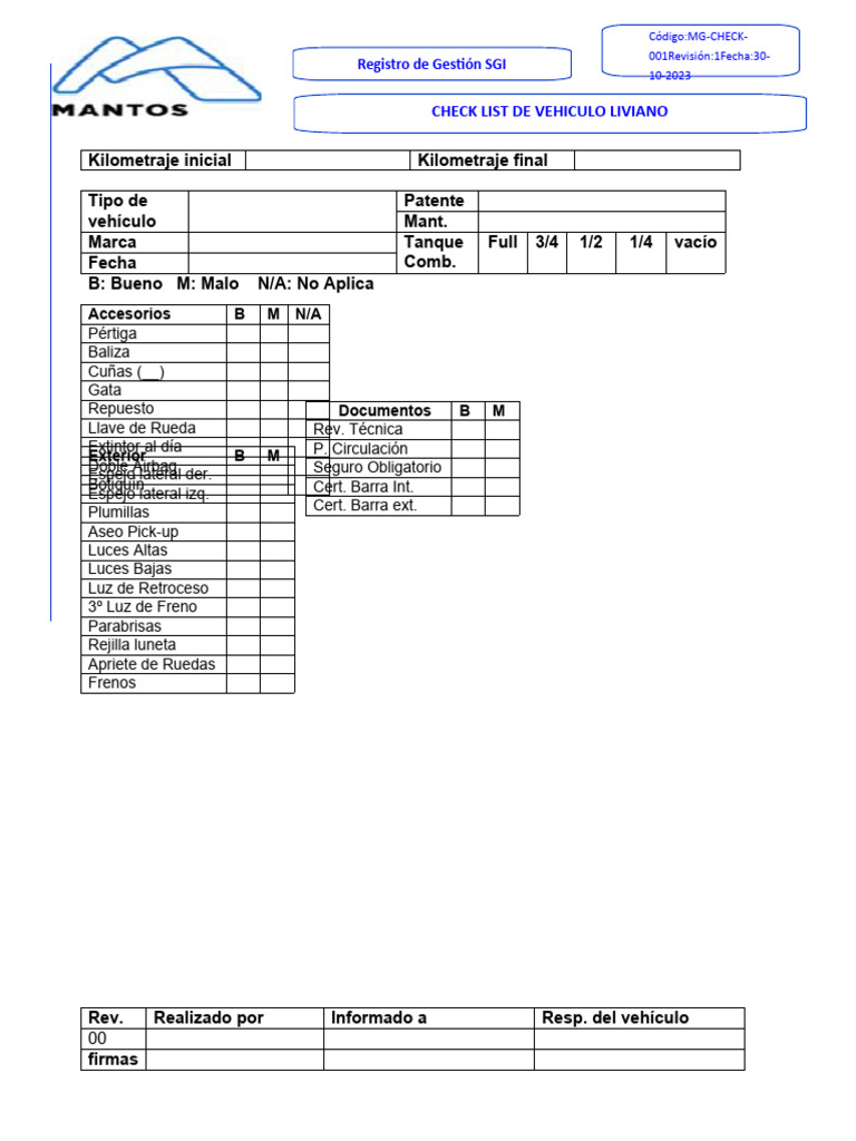 Check-List VEHICULO LIVIANO | PDF Check-List VEHICULO LIVIANO | PDF