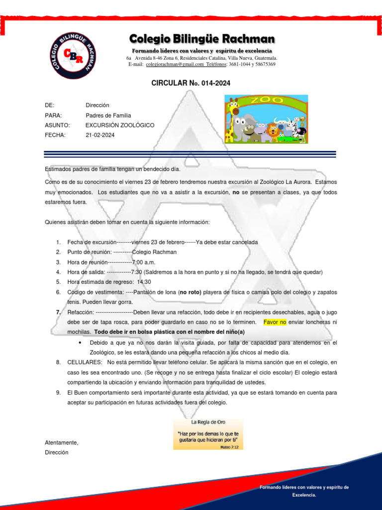Circular No. 14 Excursión Zoo | PDF