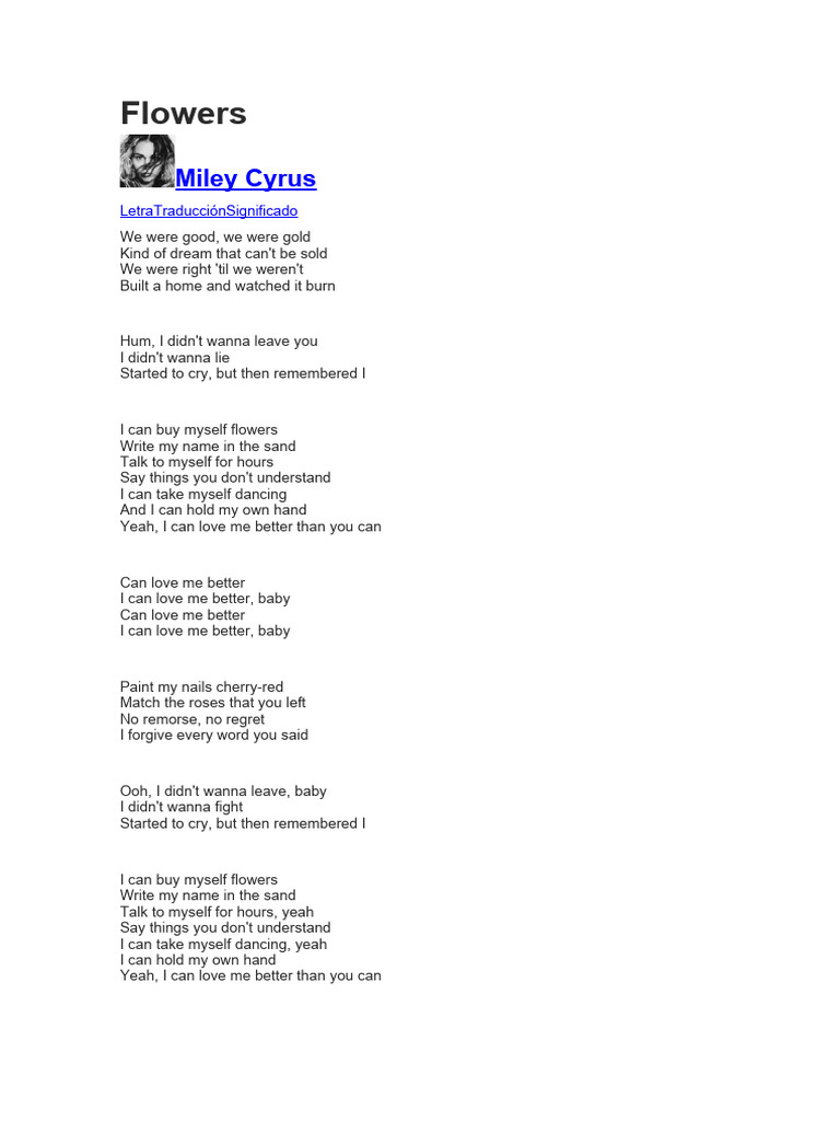Miley Cyrus "Flowers" Lyrics | PDF | Language Arts & Discipline