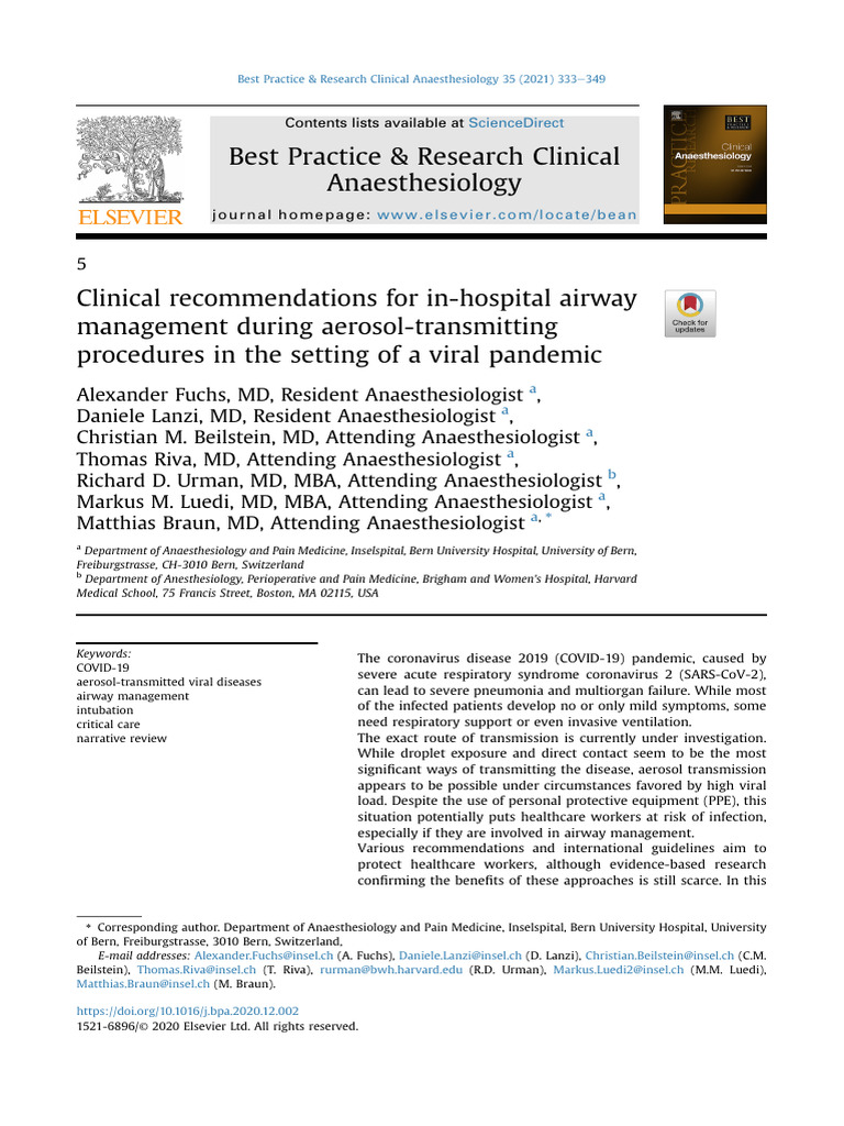 Clinical Recommendations For in Hospital Airway Mana - 2021 - Best Practice - Re | PDF ...