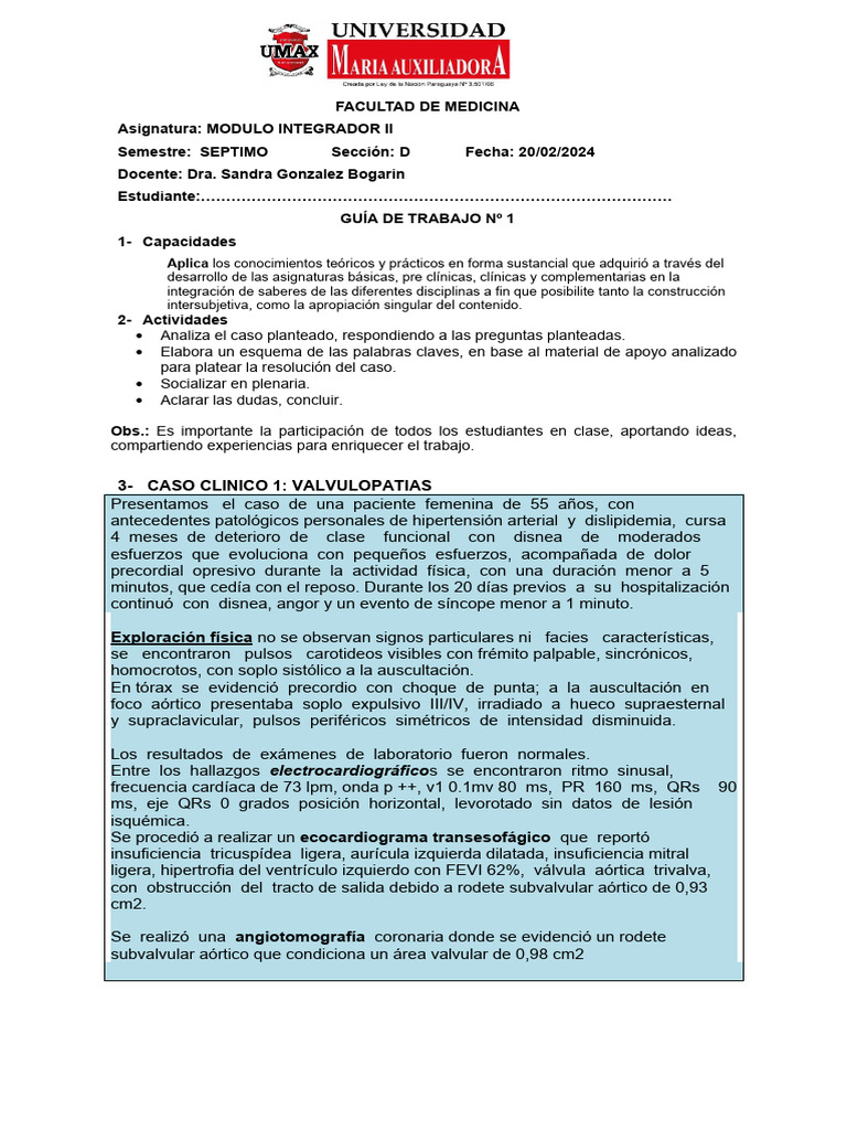 Guia de Trabajo N°2. Modulo Integrador II. Valvulopatias Parte I Grupo - 2024.1 | PDF ...
