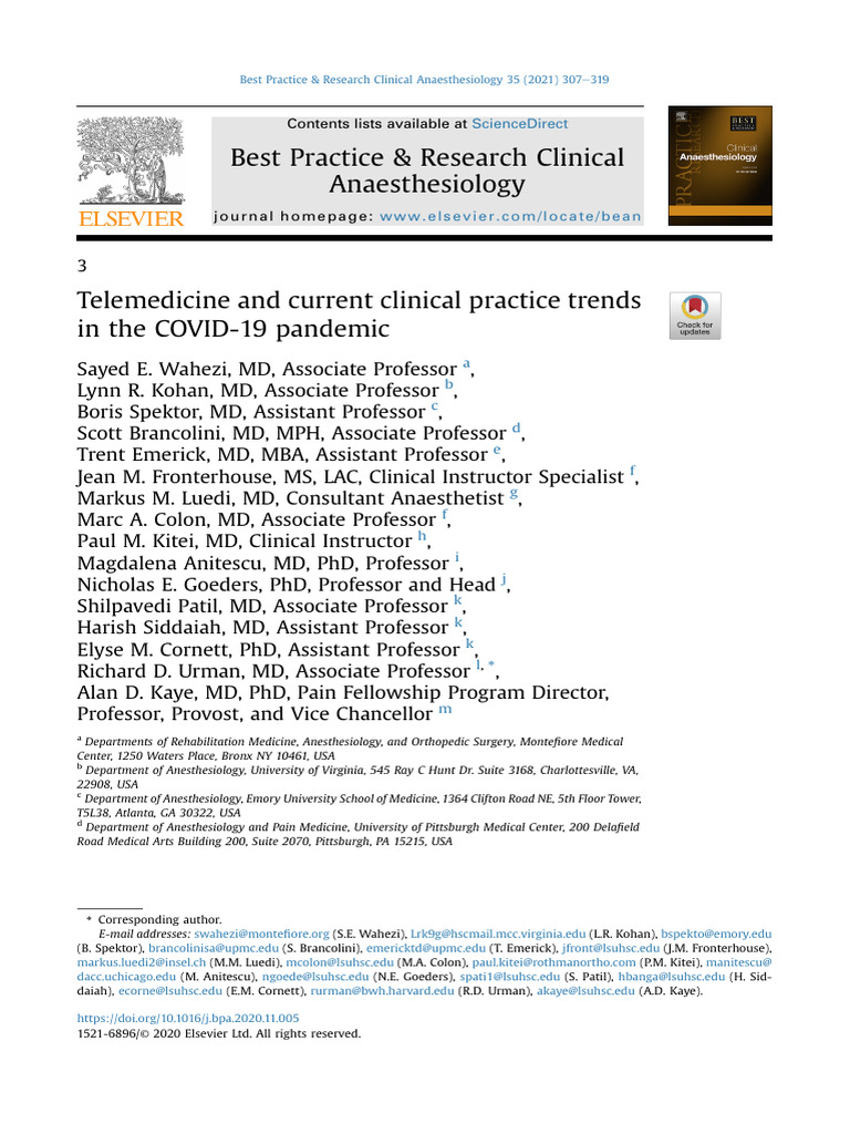 Telemedicine and Current Clinical Practice - 2021 - Best Practice ...
