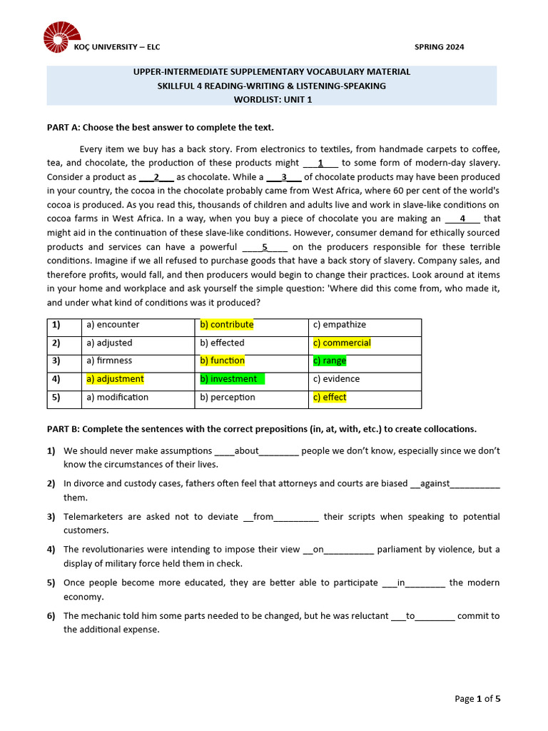 Skillful 4 - Unit 1 - Vocabulary Practice | PDF | Communication | Chocolate