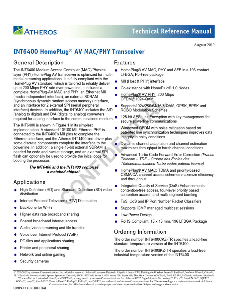 INT6400 HomePlug AV MAC-PHY Transceiver Technical Reference Manual TRM ...