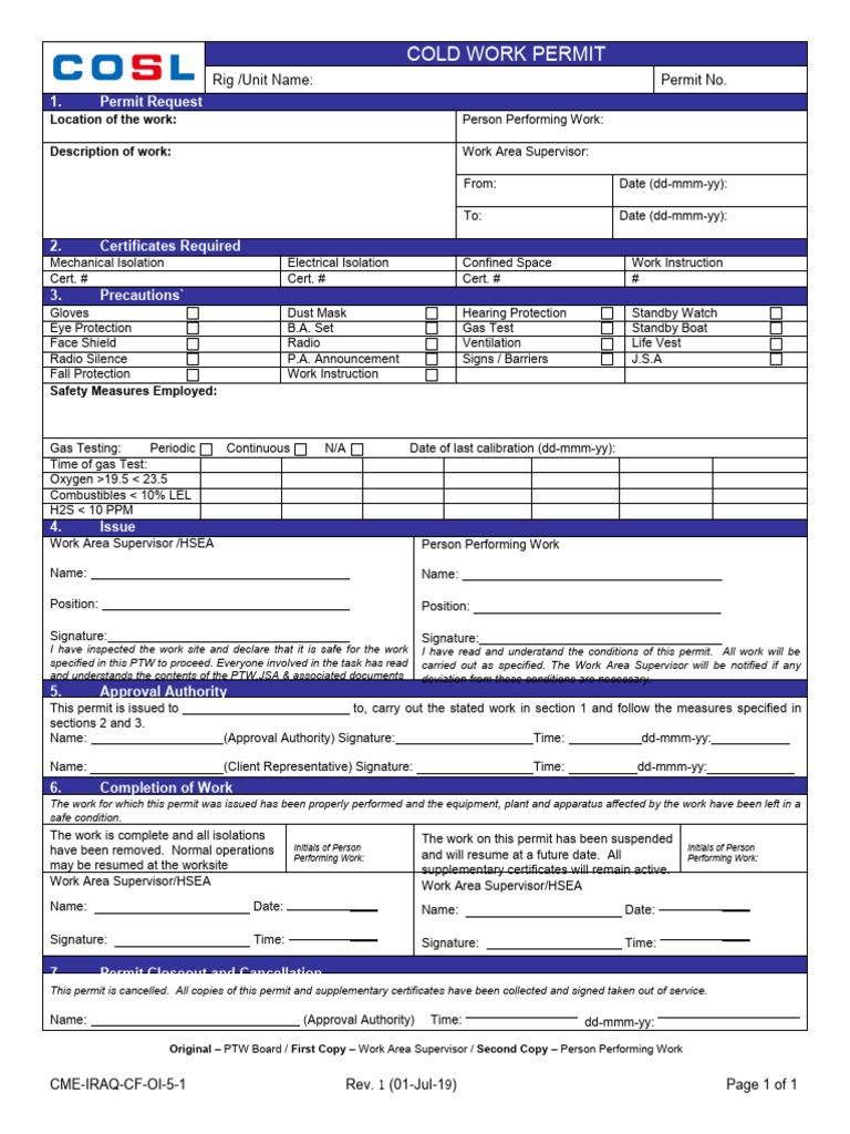 Cold Work Permit Guide | PDF | Workplace | Equipment