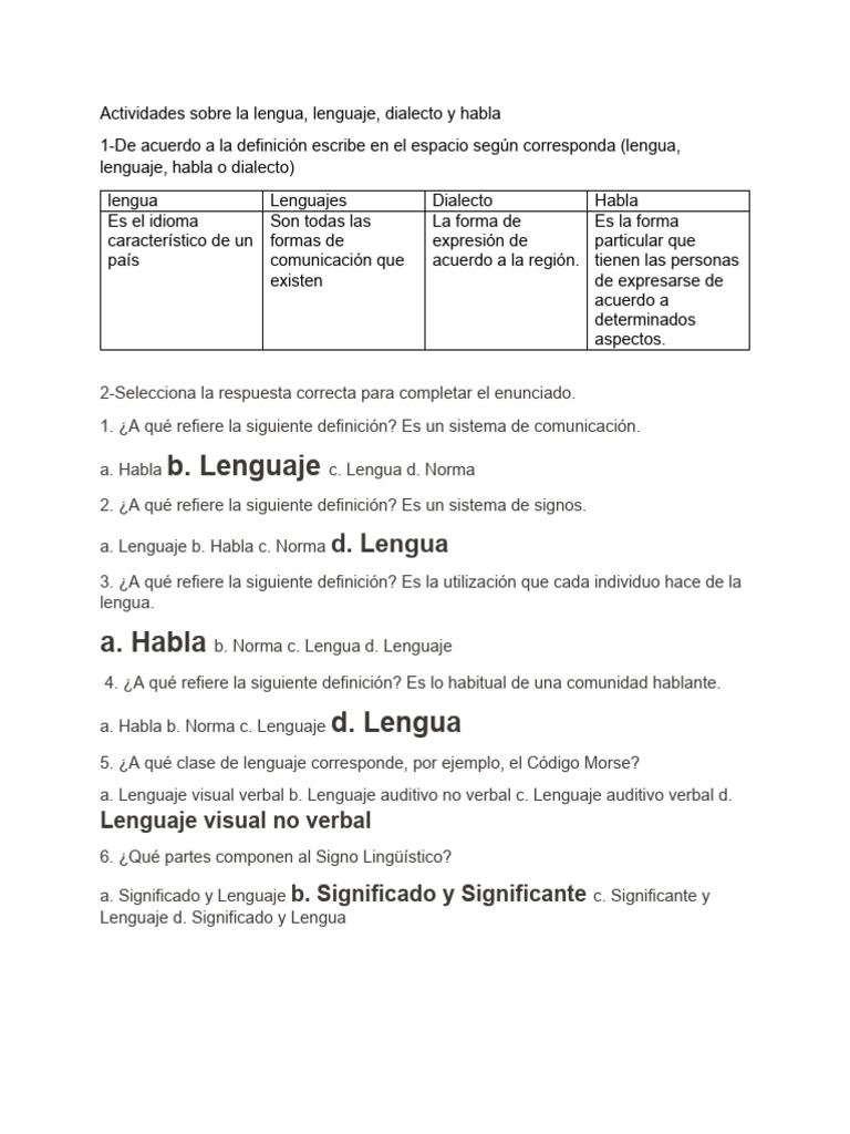 Actividades A Desarrollar de La Lengua, Lenguaje y Habla | PDF ...