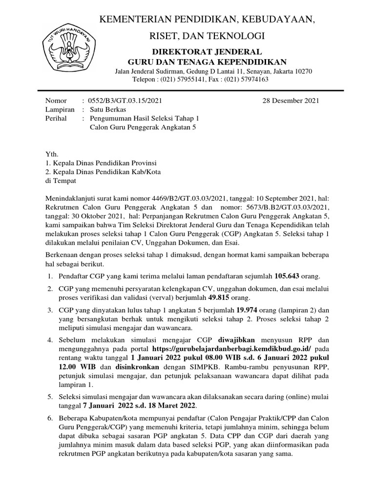 0552 - Pengumuman Seleksi Tahap 1 CGP A5 Provinsi Kalimantan Tengah | PDF