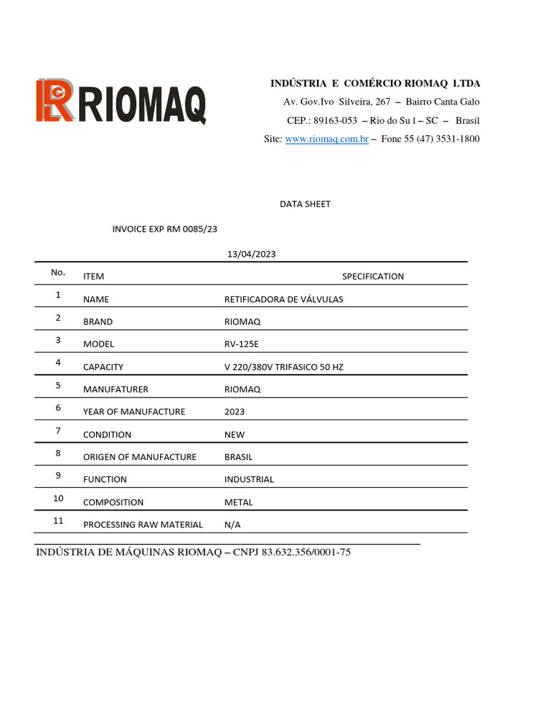 Ficha Tecnica Riomaq Rv-125e (1) 4380235029727525291 | PDF