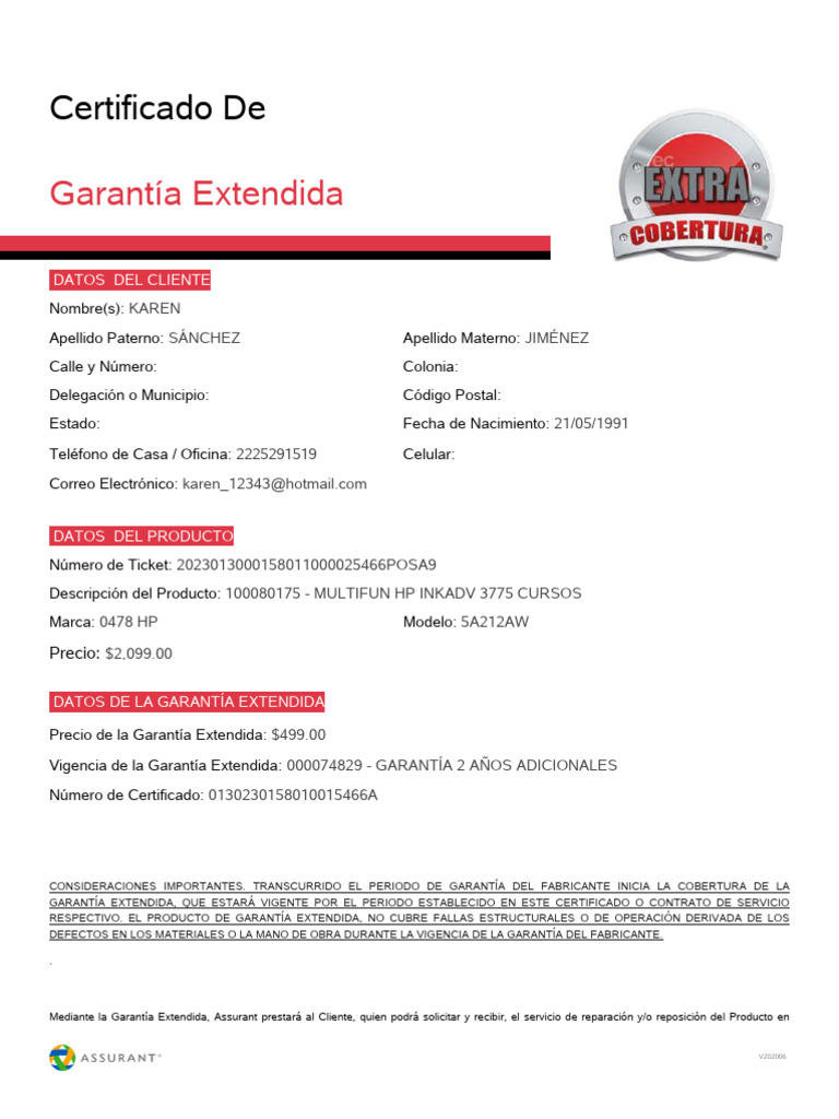 Certificado de Garantía Extendida HP | PDF | Póliza de seguros | Software