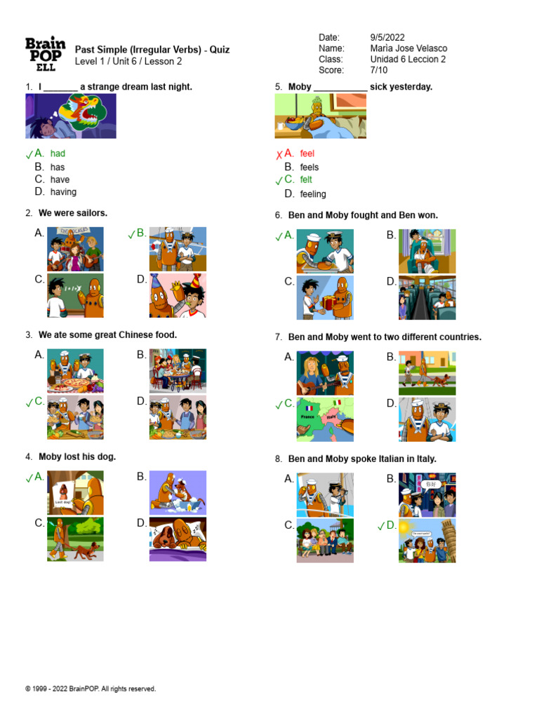 Past Simple (Irregular Verbs) Quiz - BrainPOP ELL | PDF