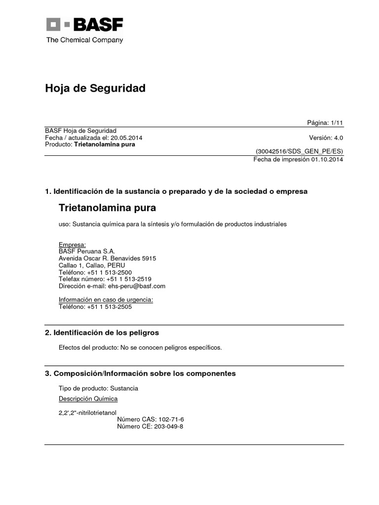 Trietanolamina Pura MSDS BASF | PDF | Agua | Carcinógeno