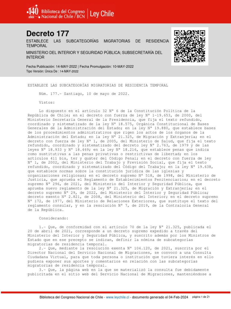 Decreto 177 - 14 MAY 2022 | PDF | Chile | Gobierno