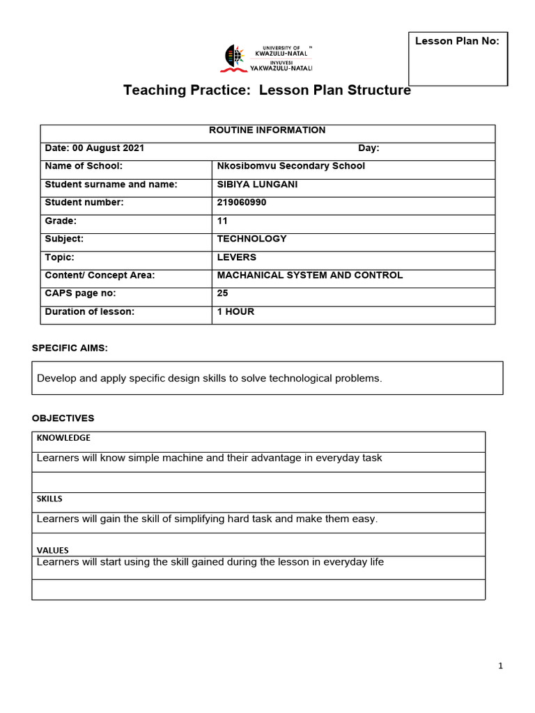 Lesson Plan 2 Tech | PDF | Lever | Lesson Plan