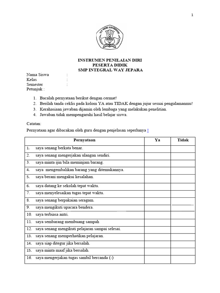 Contoh Format Dan Instrumen Penilaian Diri Siswa 1 | PDF