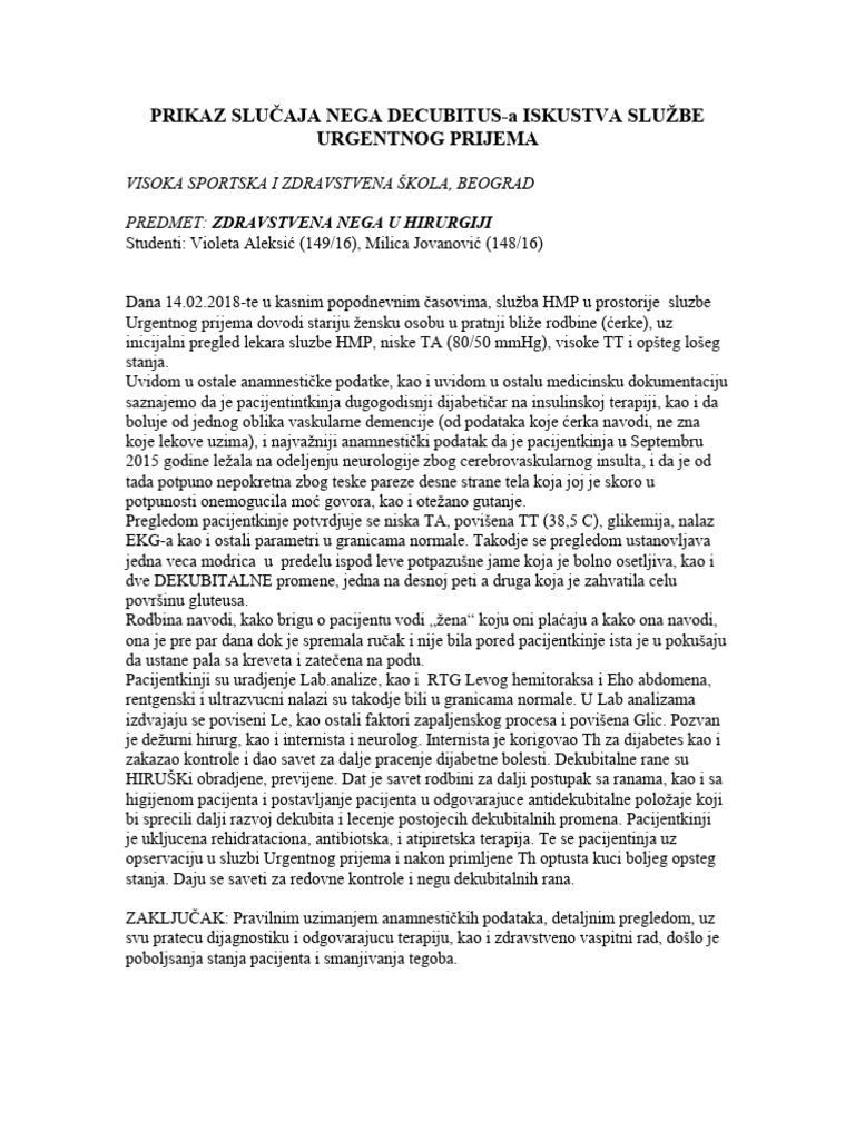 Prikaz Slučaja Nega Decubitus | PDF