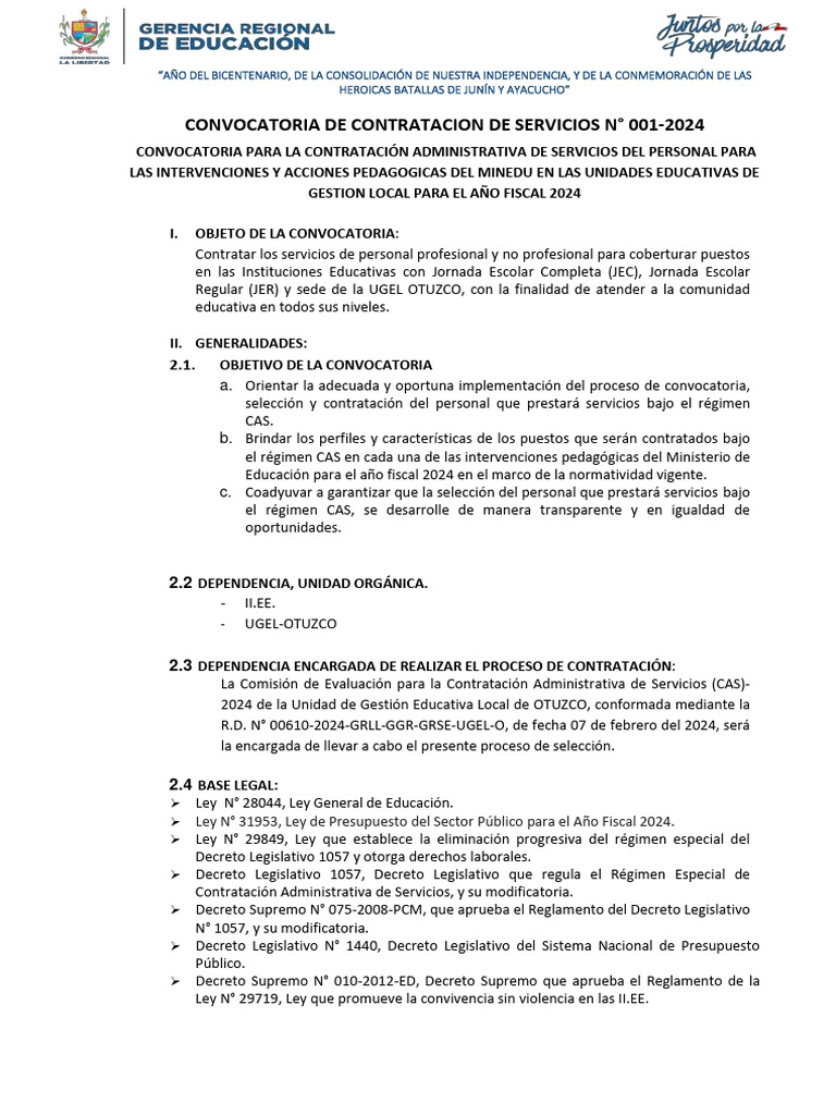 Convocatoria CAS 2024 para Educación Otuzco | PDF | Legislatura | Gobierno