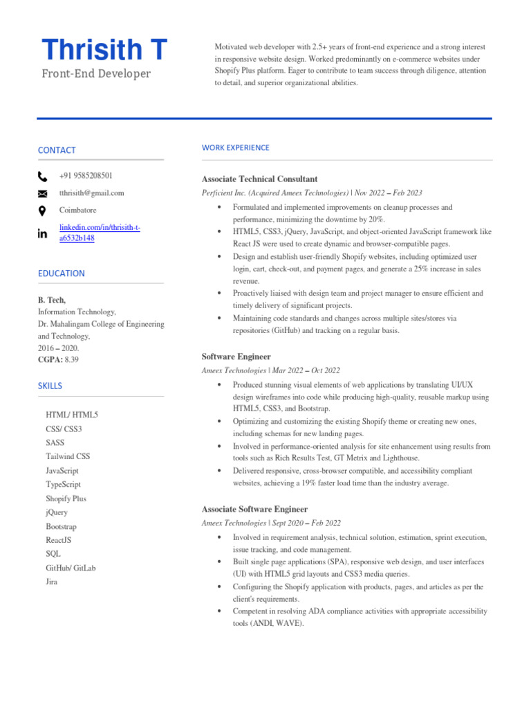 Thrisith Resume - React JS Frontend Developer | PDF | Web Design | Html5