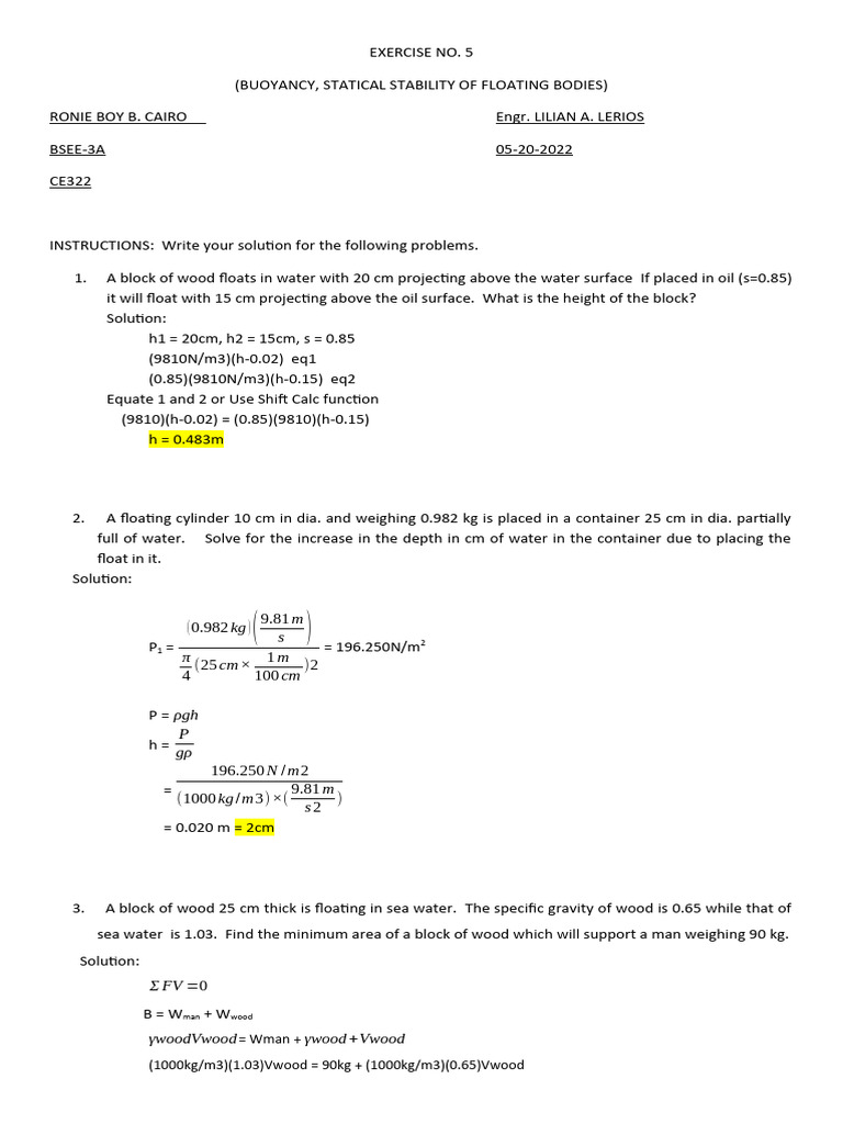 Ce 322 Fluid Mechanics Exercise No. 5 - Buoyancy & Statical Stability ...