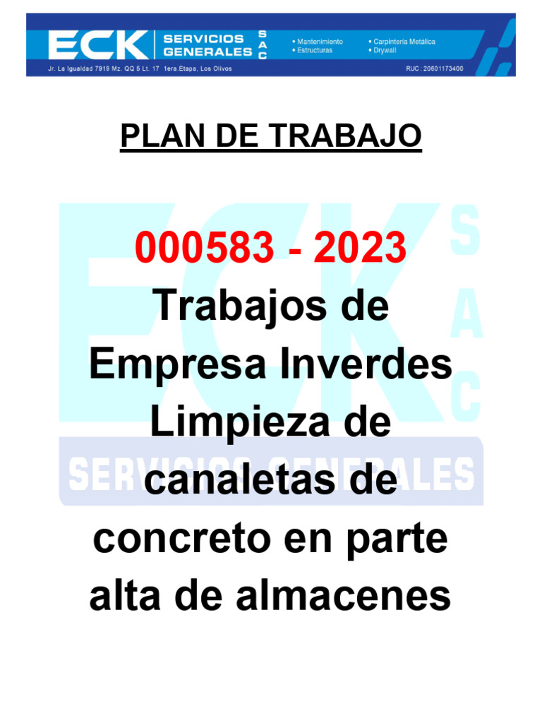 PT - 000583 - 2023 Trabajos de Empresa Inverdes - Limpieza de Canaletas de Concreto en Parte ...