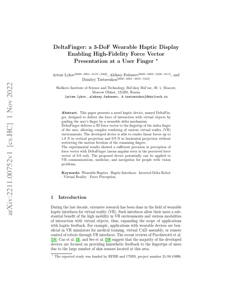 3 Dof Wearable Haptic Display Pdf Virtual Reality Force