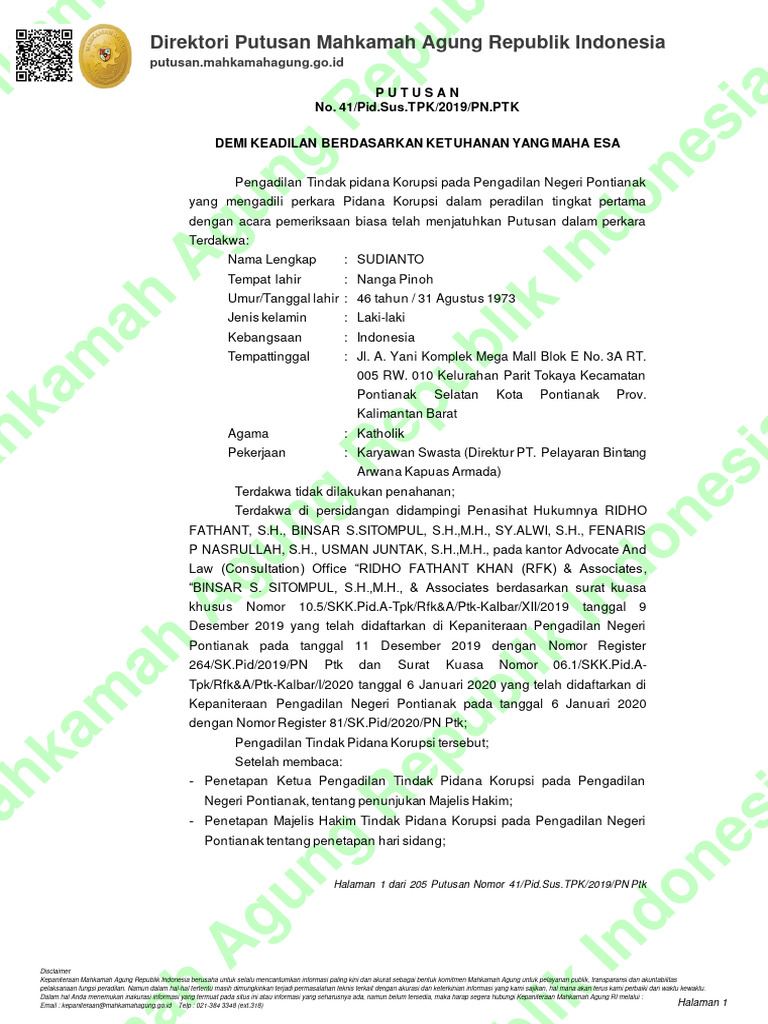 Putusan 41 Pid - Sus-Tpk 2019 PN PTK 20220904173953 | PDF