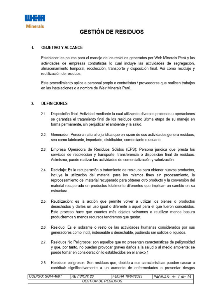 Procedimiento de Gestión de Residuos | PDF | Residuos | Reciclaje