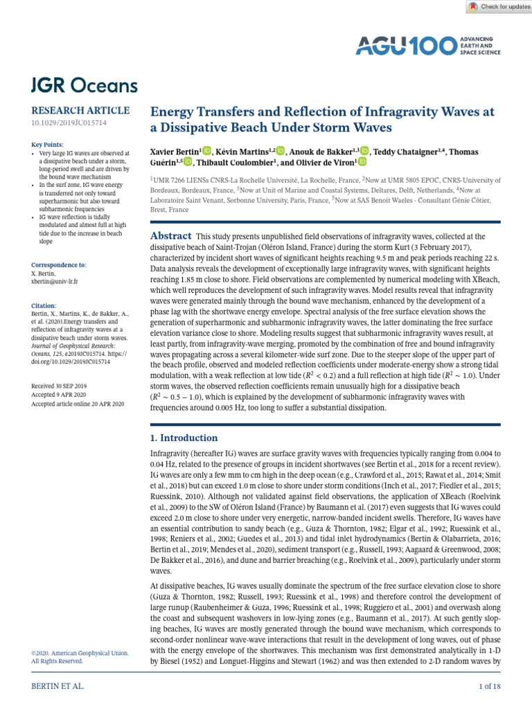 Bertin Et Al. (2020) - Energy Transfers and Reflection of Infragravity Waves at A Dissipative ...