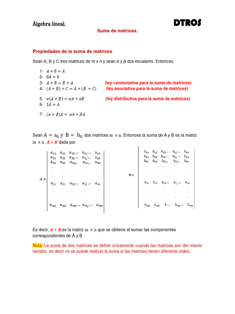 Suma de matrices | PDF | Matriz (Matemáticas) | Álgebra lineal