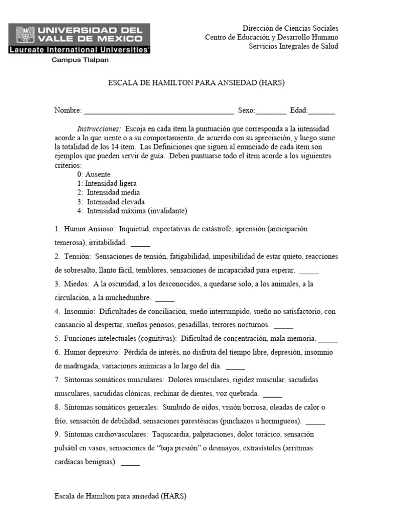 Test de Ansiedad de Hamilton | PDF | Ansiedad | Depresión (estado de ánimo)