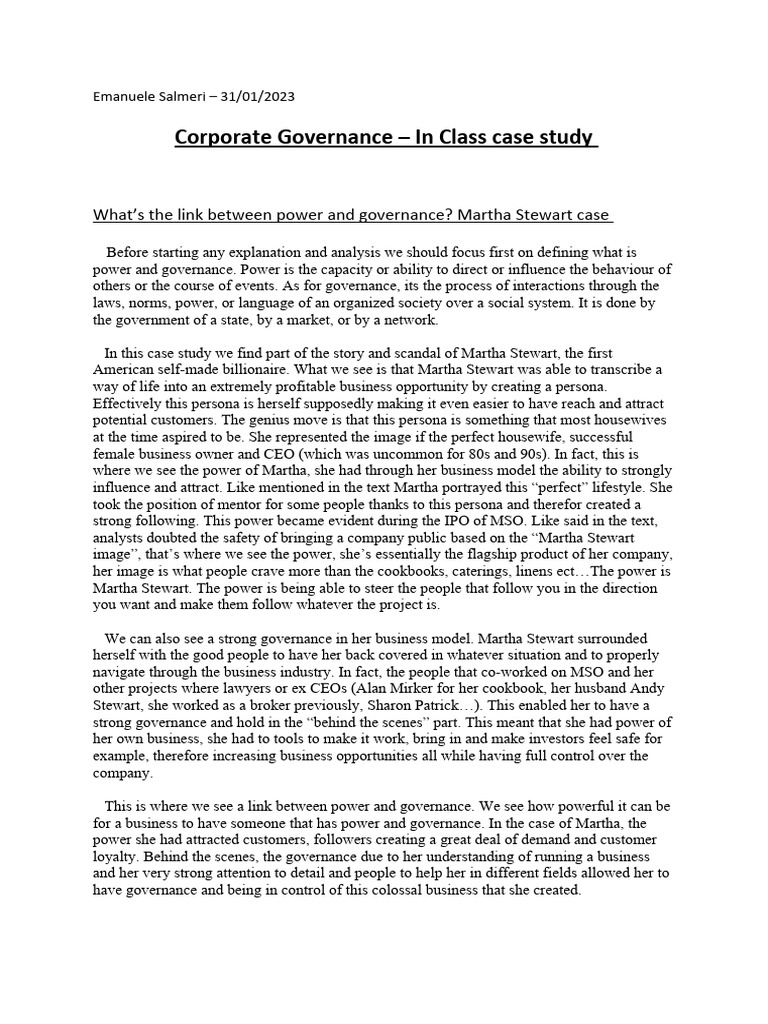 Corporate Governance Class Case Study - Emanuele Salmeri MSEN | PDF | Business | Human Communication