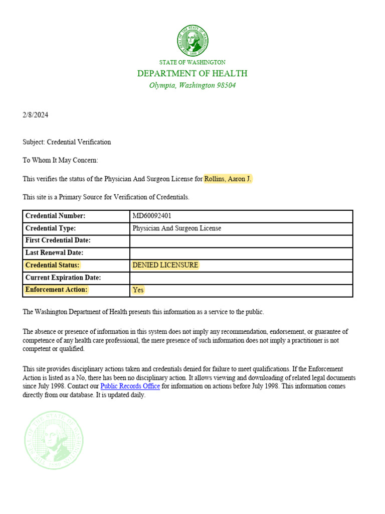 WA - Department of Health Letter - Rollins - Denied Licensure - (2024 ...