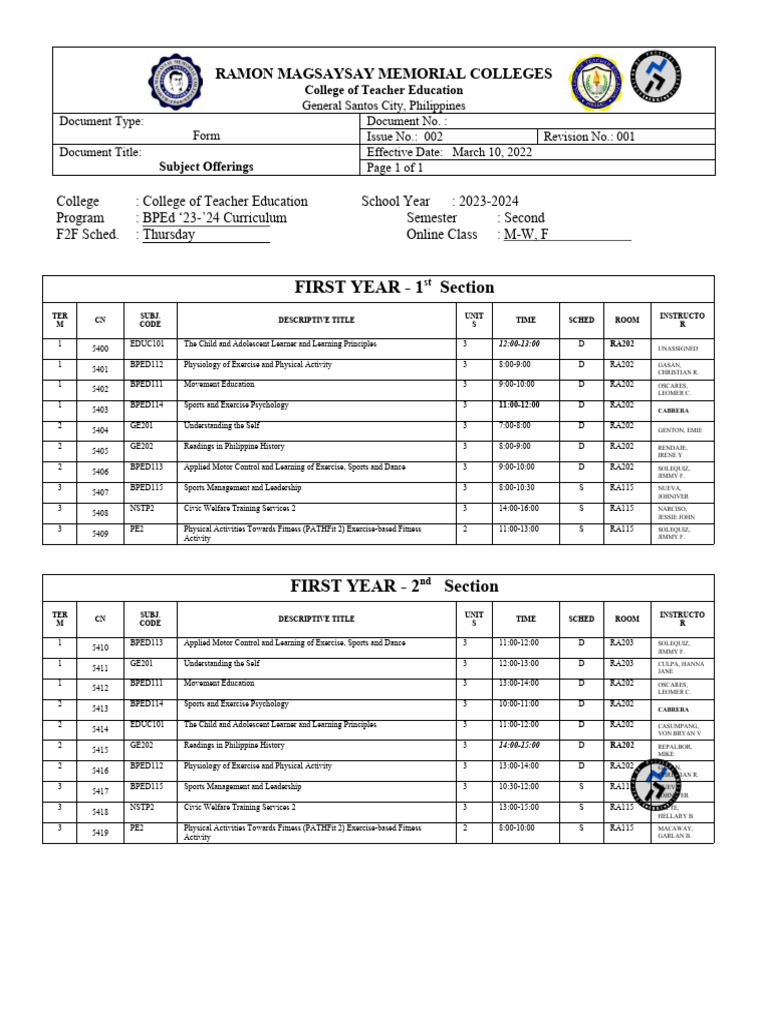 BPEd 2023-2024 Subject Offerings | PDF | Physical Education | Health ...
