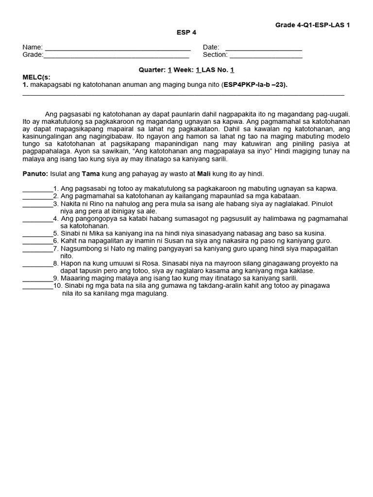 Grade 4 q1 Esp Las 1 | PDF