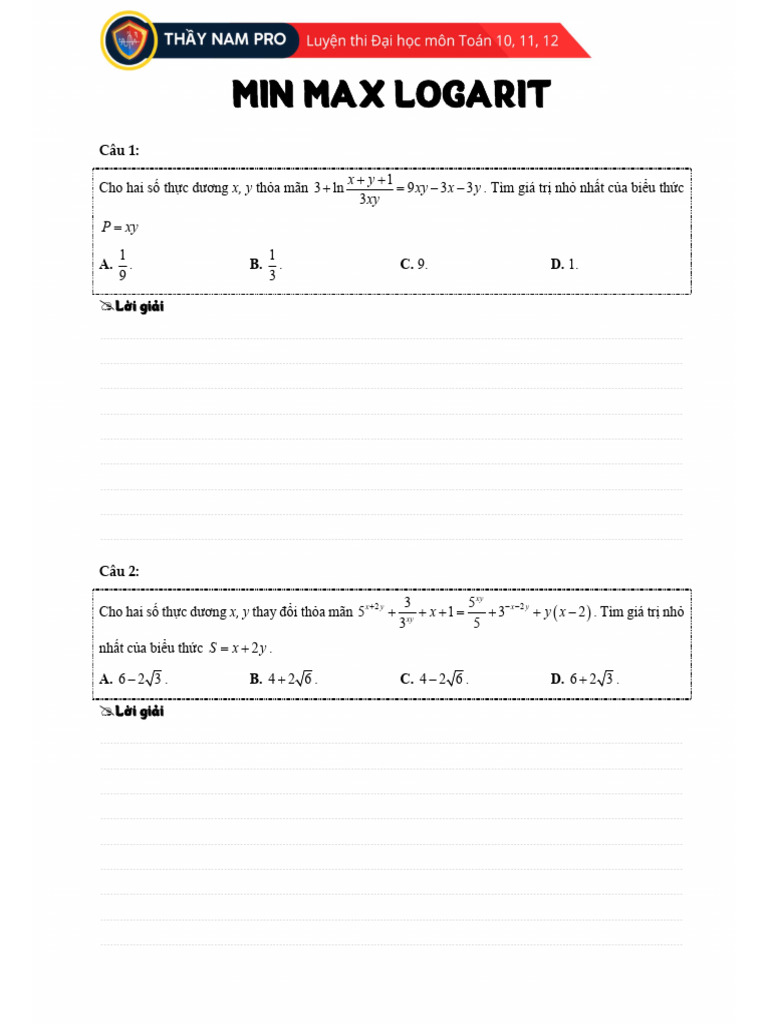 MIN MAX LOGARIT (PHIẾU BÀI TẬP) | PDF