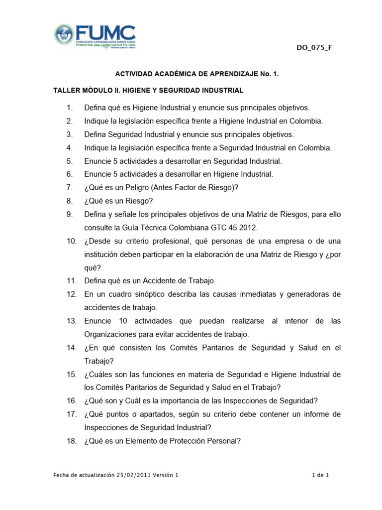 Taller Semana 1 y 2 | PDF | Seguridad y salud ocupacional | Colombia