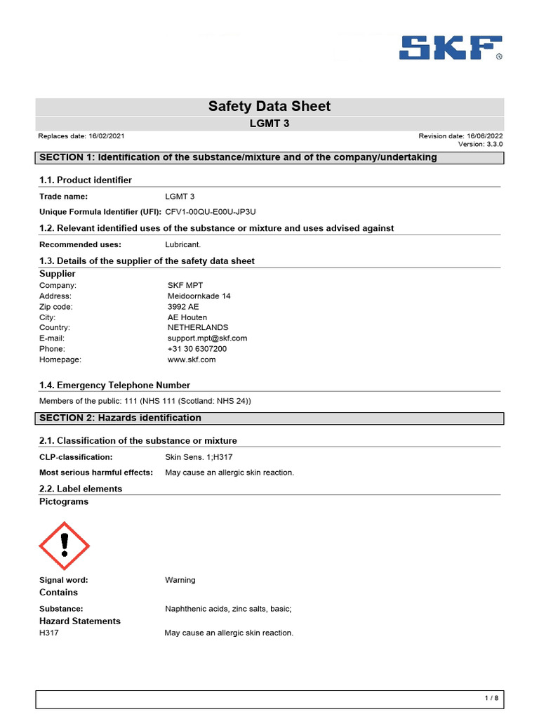 MSDS - SKF Grasa | Download Free PDF | Toxicity | Dangerous Goods