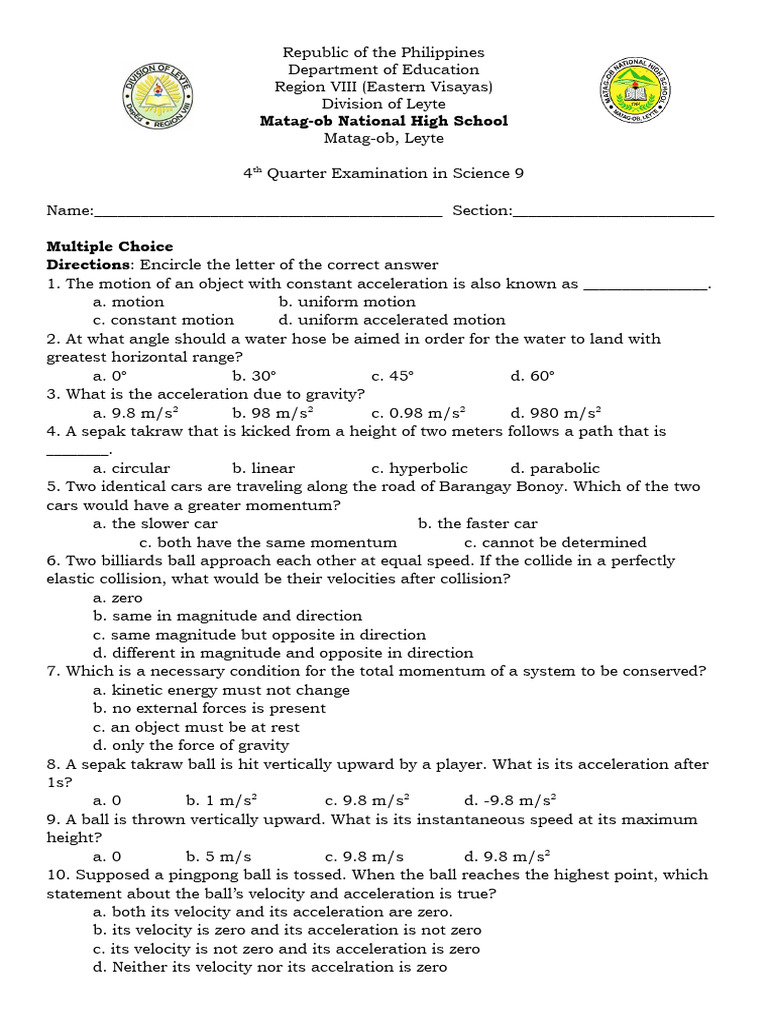 4th Grading Test | PDF | Acceleration | Heat