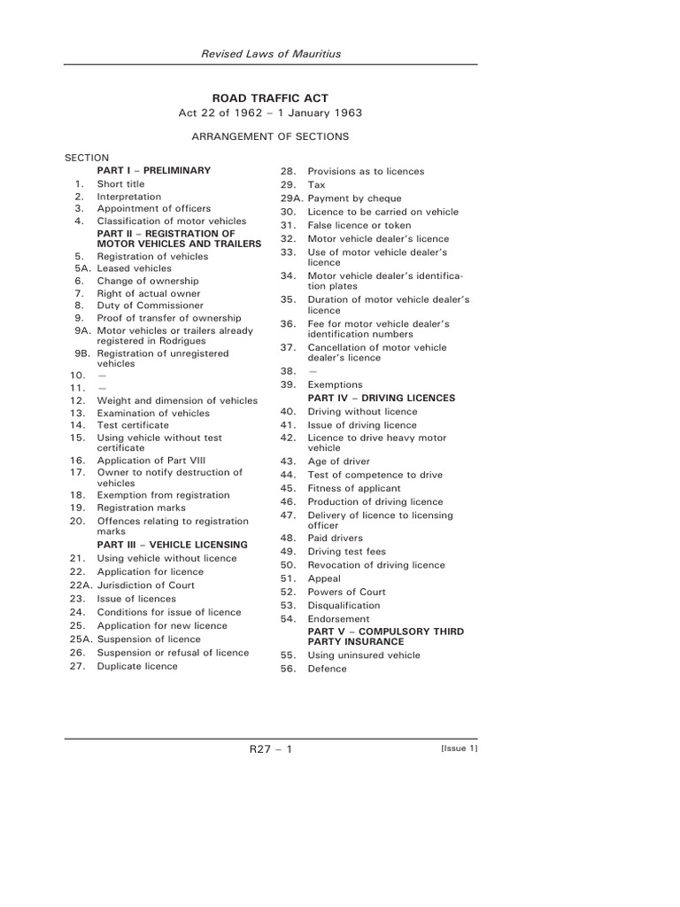 Mauritius Road Traffic Act Overview | PDF | Vehicles | Driver's License