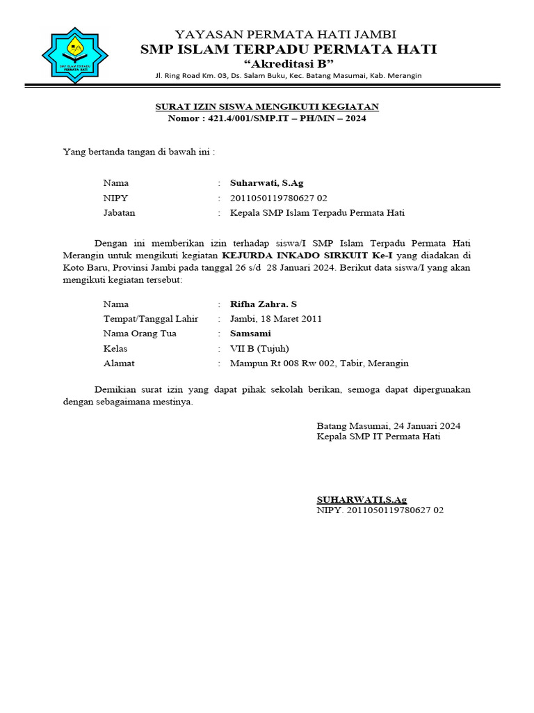 Surat Izin Siswa Mengikuti Kegiatan | PDF
