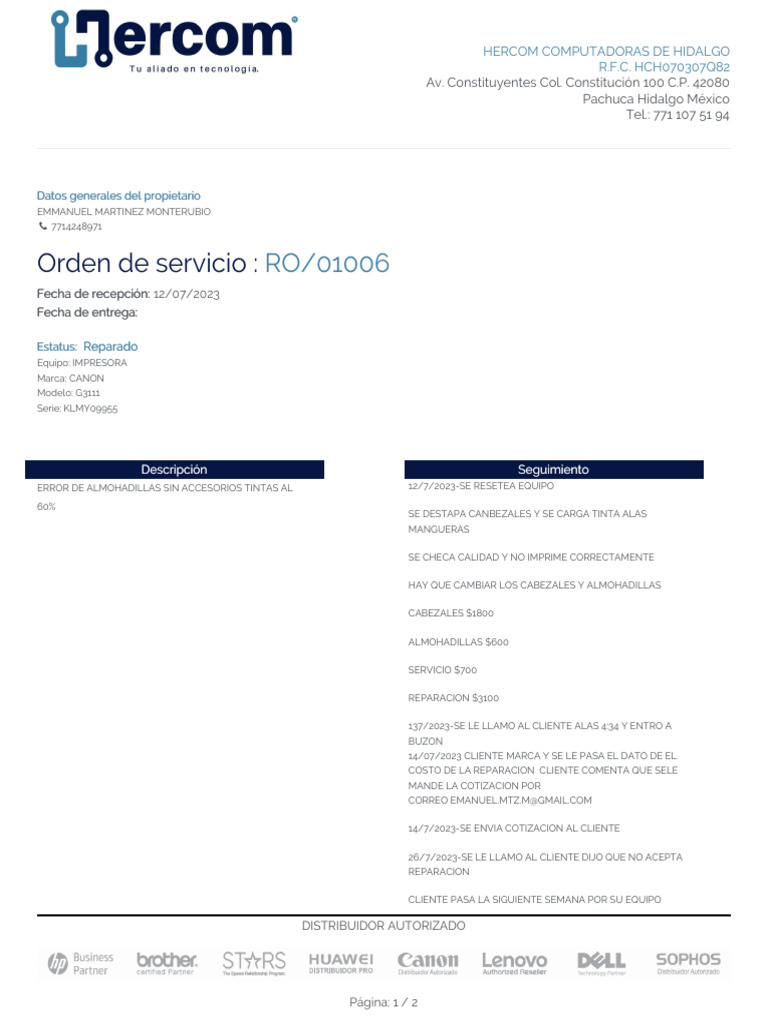 Orden de Reparación - RO - 01006 | PDF